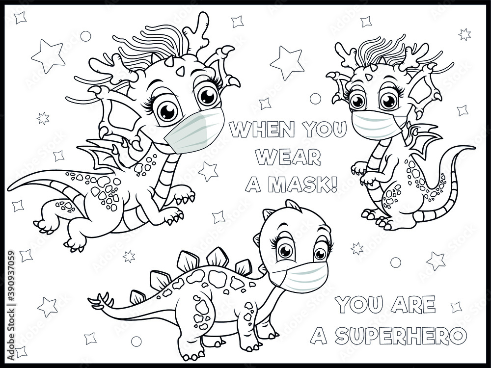 Cute animals wearing face masks. Coloring page- Black and White vector ...