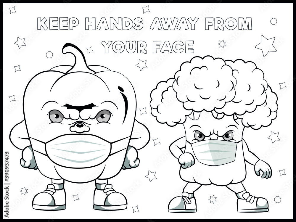 Cute animals wearing face masks. Coloring page- Black and White vector ...