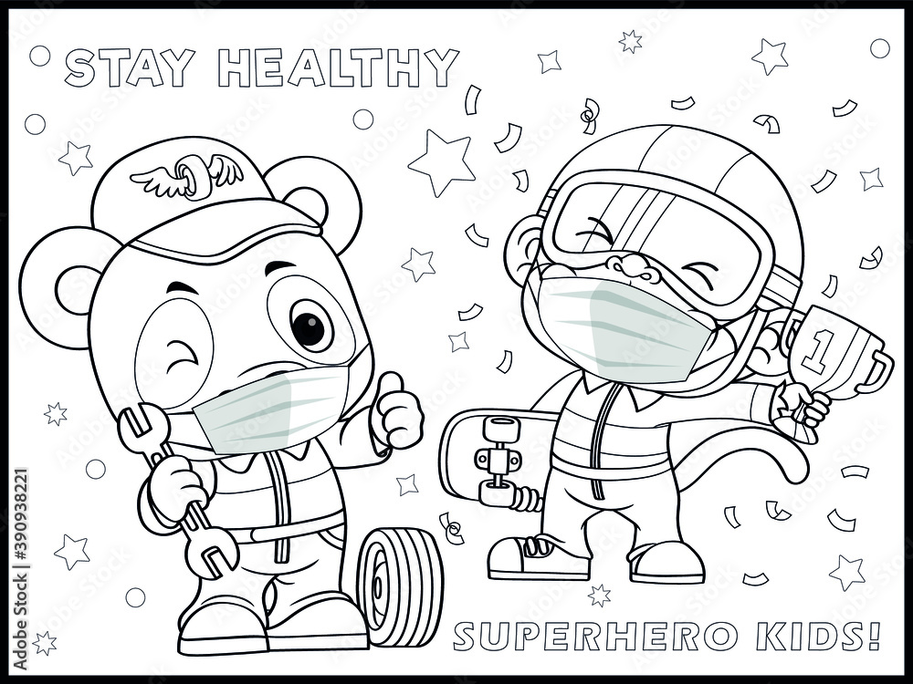 Cute animals wearing face masks. Coloring page- Black and White vector ...