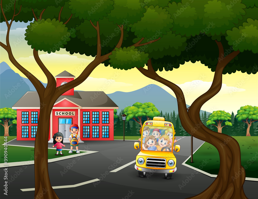 Cartoon kids are going to home with school bus Stock Vector | Adobe Stock