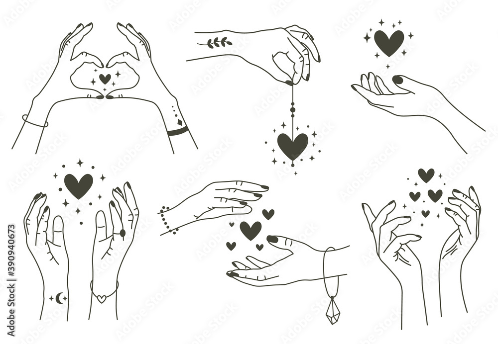 Magic hands with hearts. Boho linear style mystical hand, hand drawn ...
