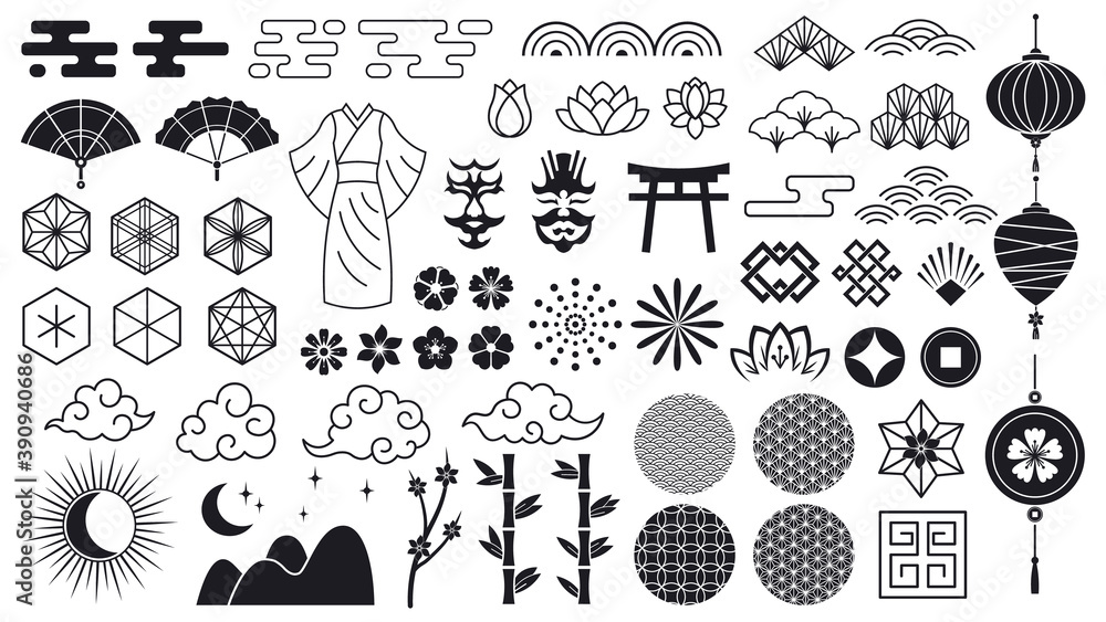 Asian oriental elements. Japanese or chinese flowers, ornaments, clouds ...