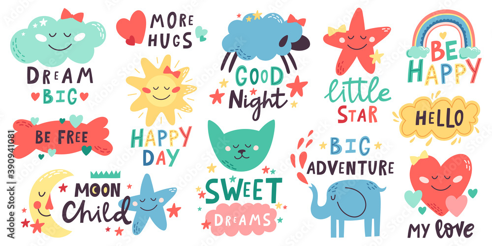 Cute kids lettering. Nursery hand drawn quotes with moon, clouds, stars ...