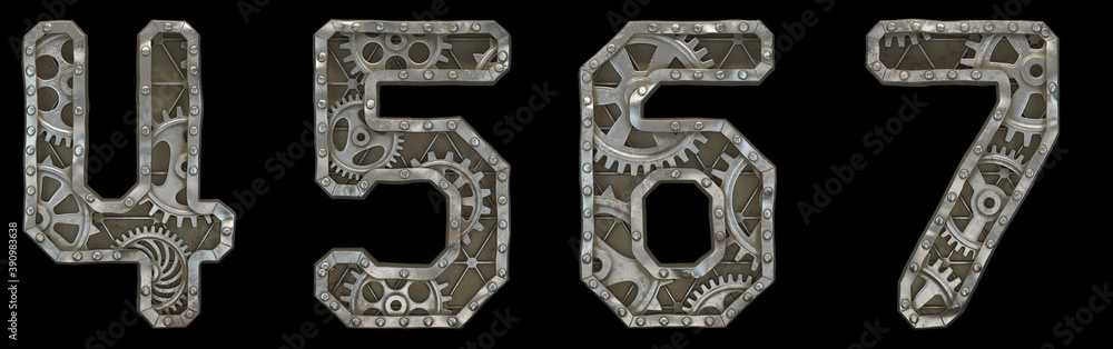 Mechanical alphabet made from rivet metal with gears on black ...