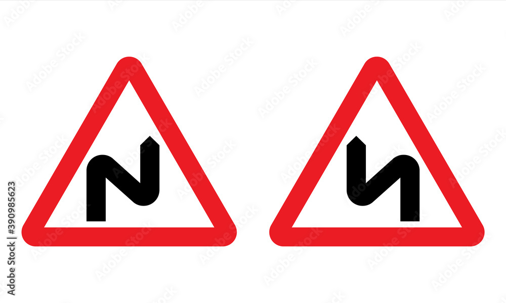 Double bend or series of bends ahead road sign. First to the right ...