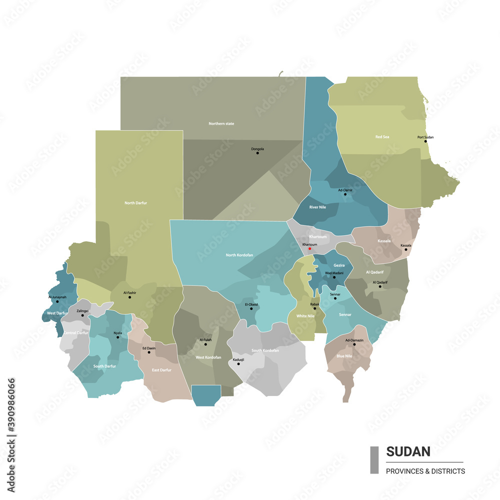 Sudan higt detailed map with subdivisions. Administrative map of Sudan ...