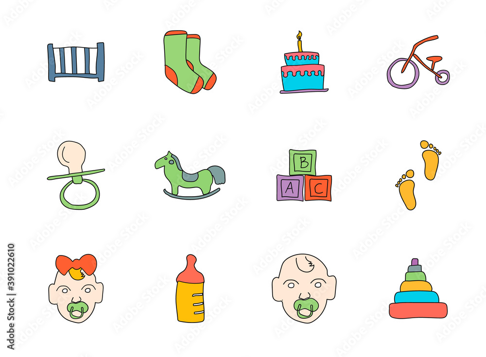 baby hand drawn linear vector icons isolated on white background. baby ...