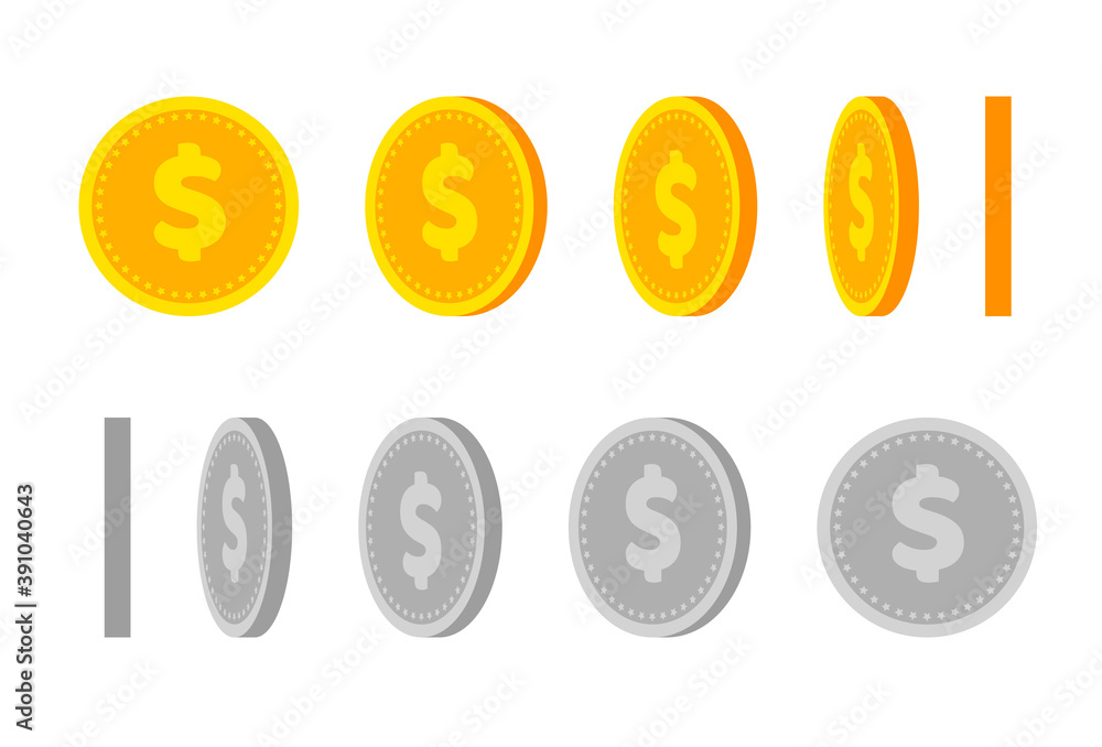 Gold coin animation for game and apps. Vector golden coins in different ...