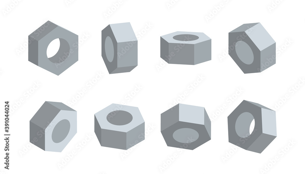 3D nut in various angles vector. Nuts top view, side view, half turn ...