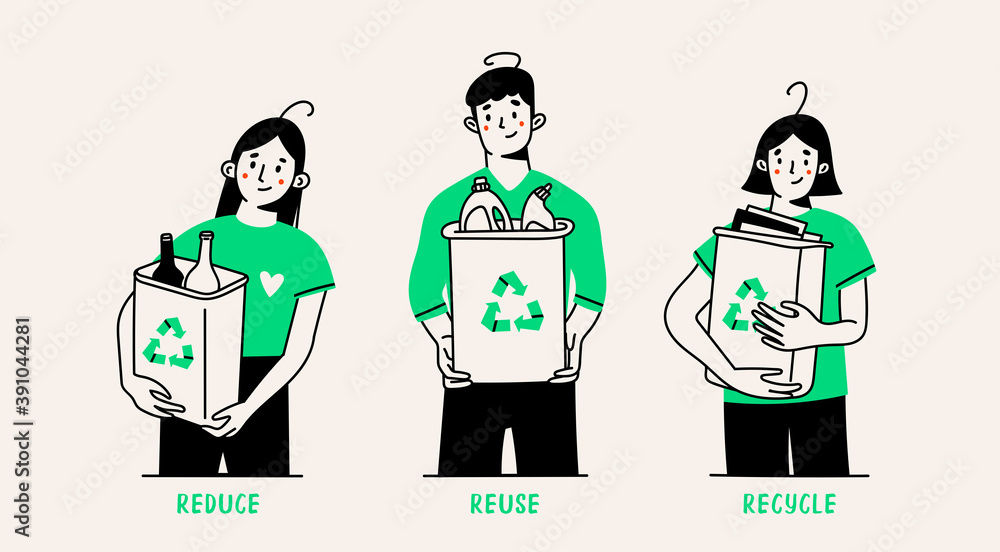 People are holding various rubbish in containers, trash bins or ...