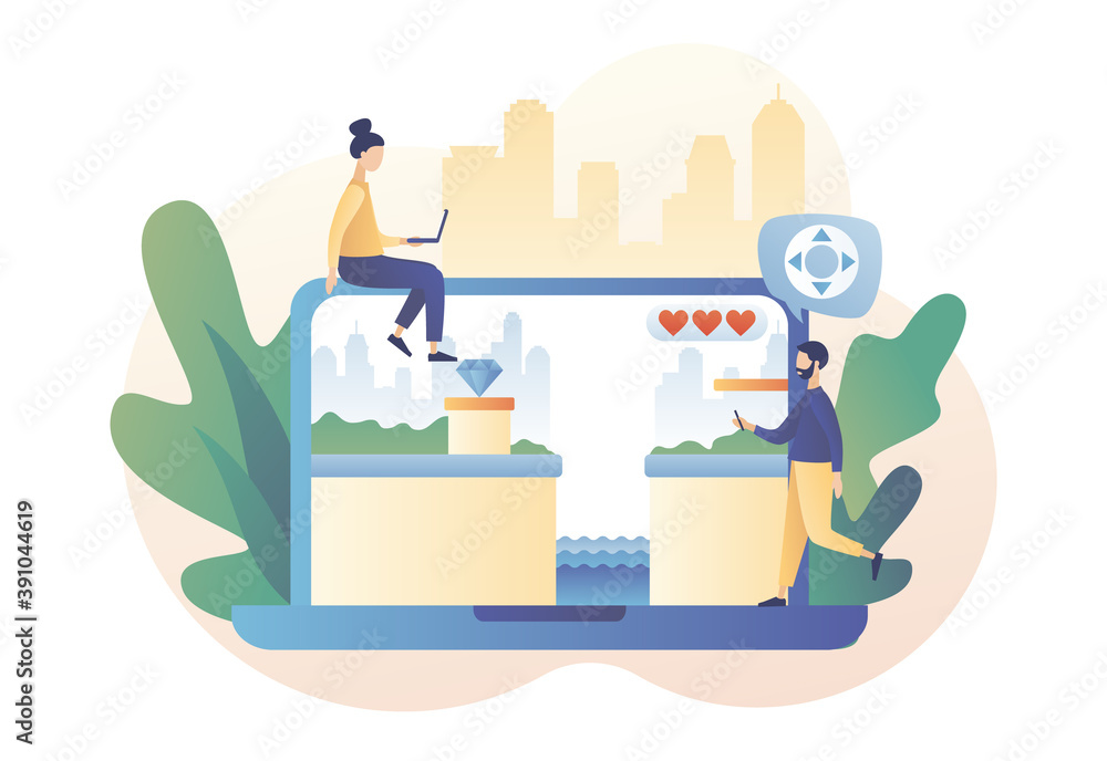 Retro game online. Tiny people playing classic platformer using laptop ...