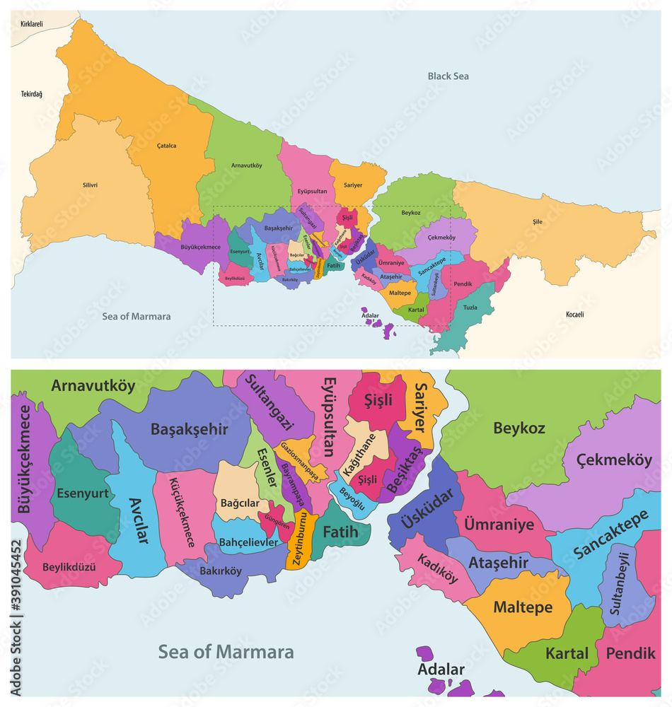 Vector close up detailed map of districts of Istanbul province Stock ...