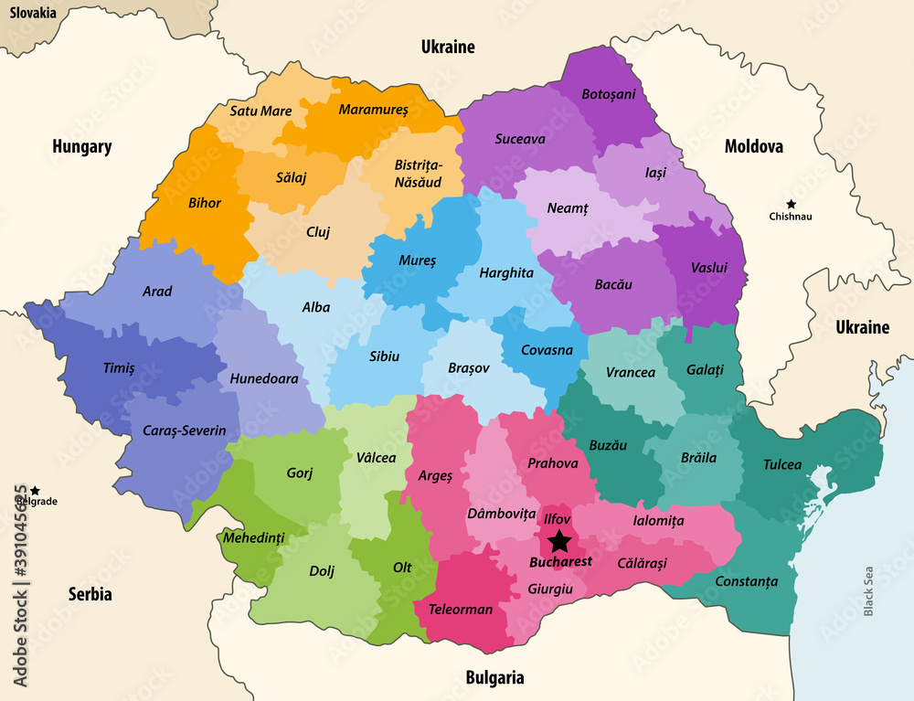 Counties of Romania colored by regions with neighbouring countries and ...
