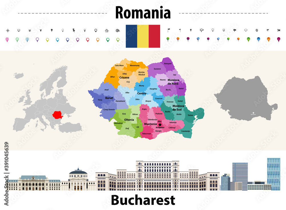 Romania countries colored by regions map. Bucharest cityscape. Vector ...