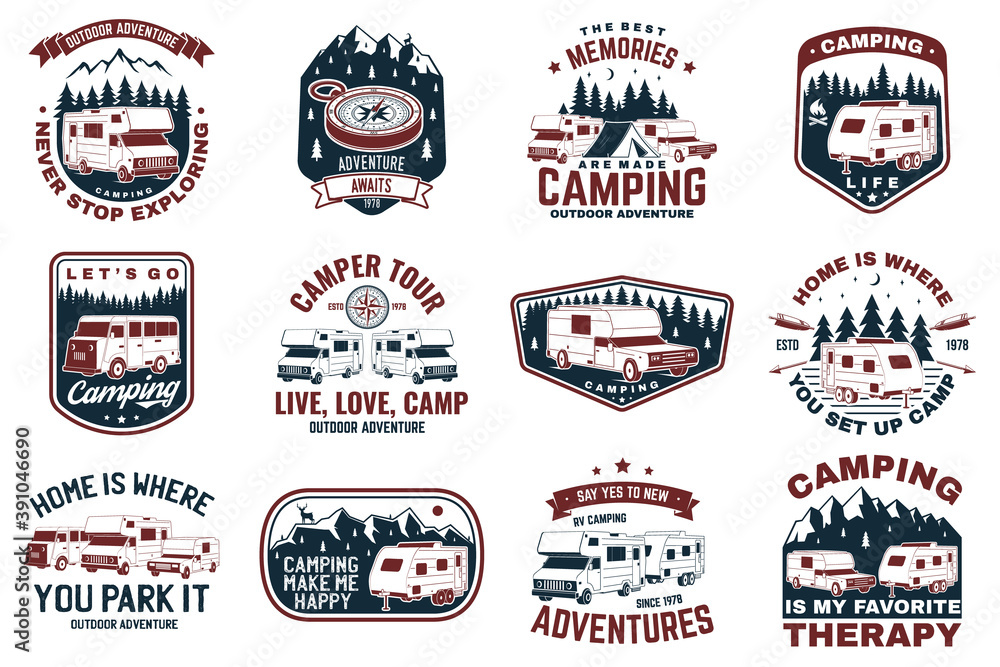 Set of rv camping badges, patches. Vector. Concept for shirt or logo ...