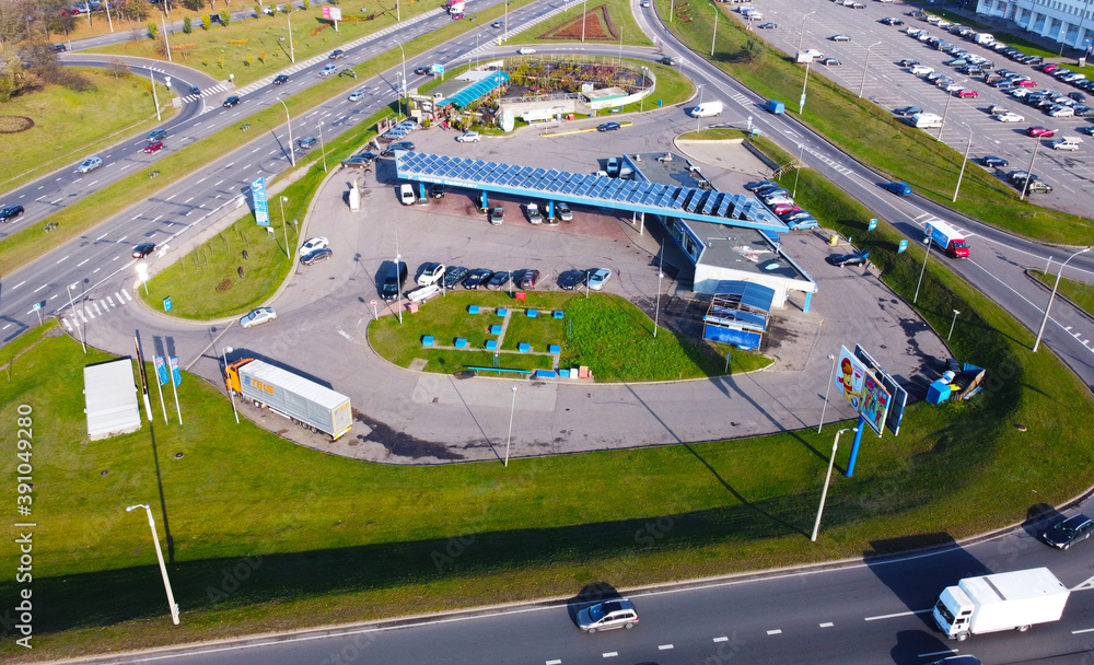Top view of a gas station with a solar panel on the roof Stock Photo ...