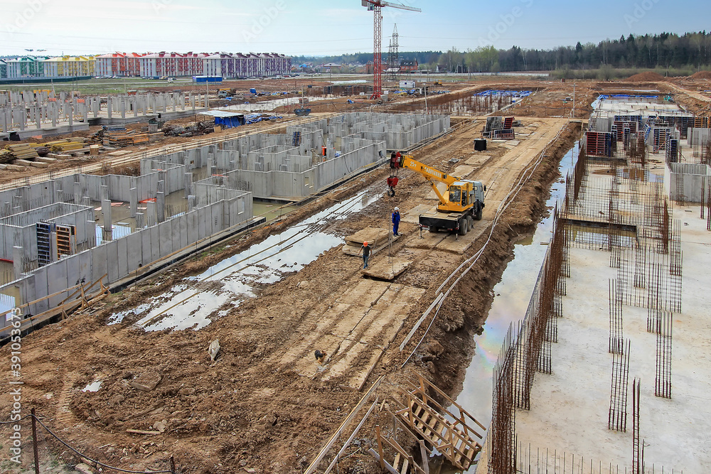 foundation pit for construction of residential building is flooded ...