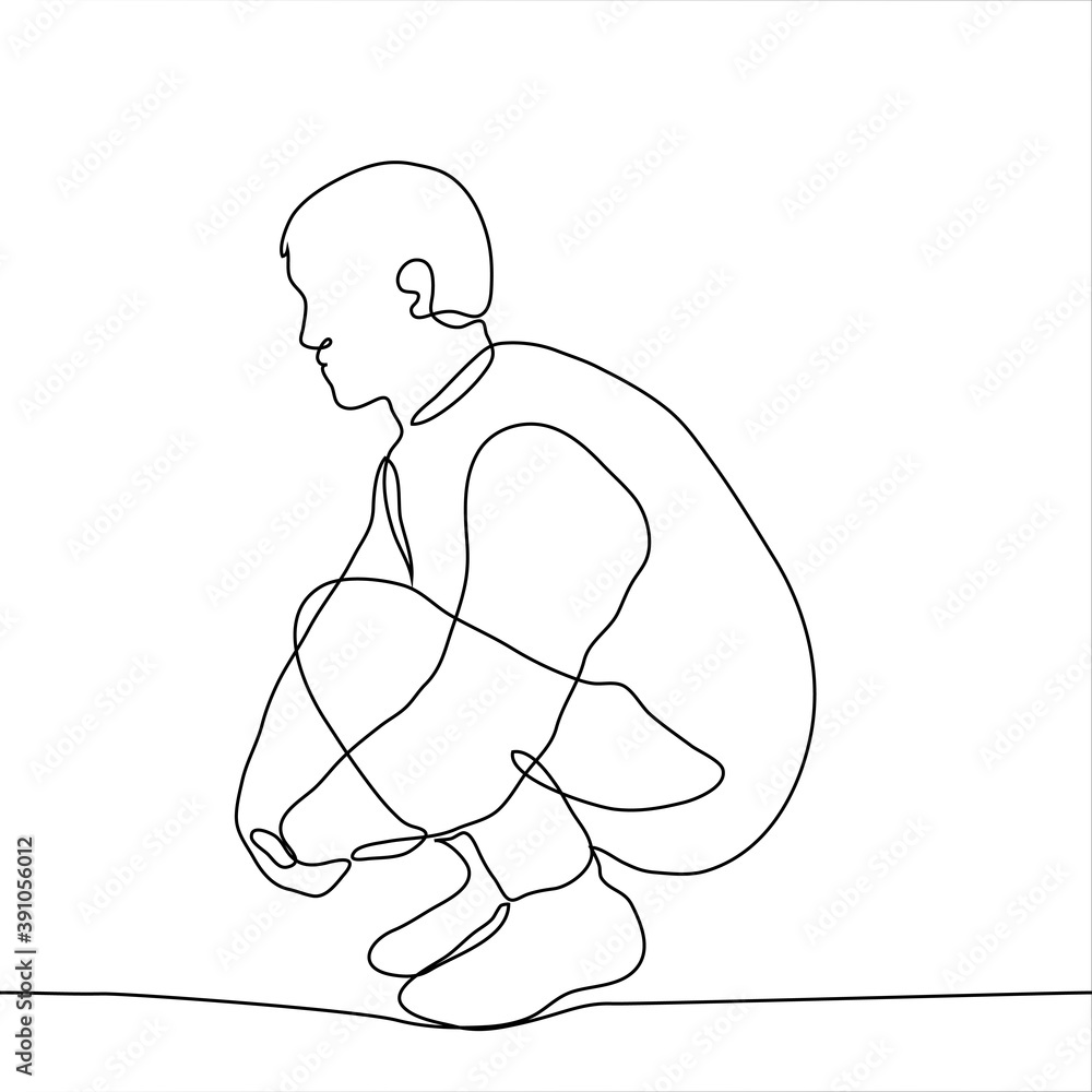 man is squatting. one line drawing of a young guy sitting bent over ...