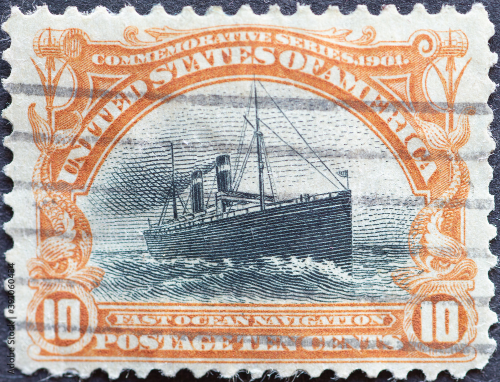 USA - Circa 1901 : a postage stamp printed in the US showing an ocean ...