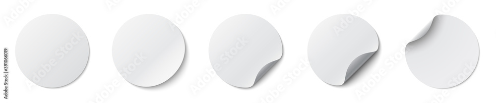Circle adhesive symbols. White tags, paper round stickers with peeling ...