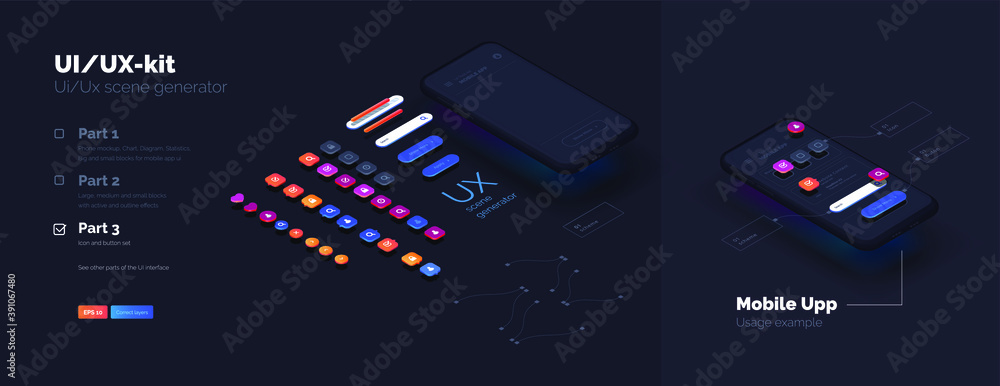 Toolkit-UI/UX scene creator. Part 3 Mobile application design. Smartphone mockup with active ...