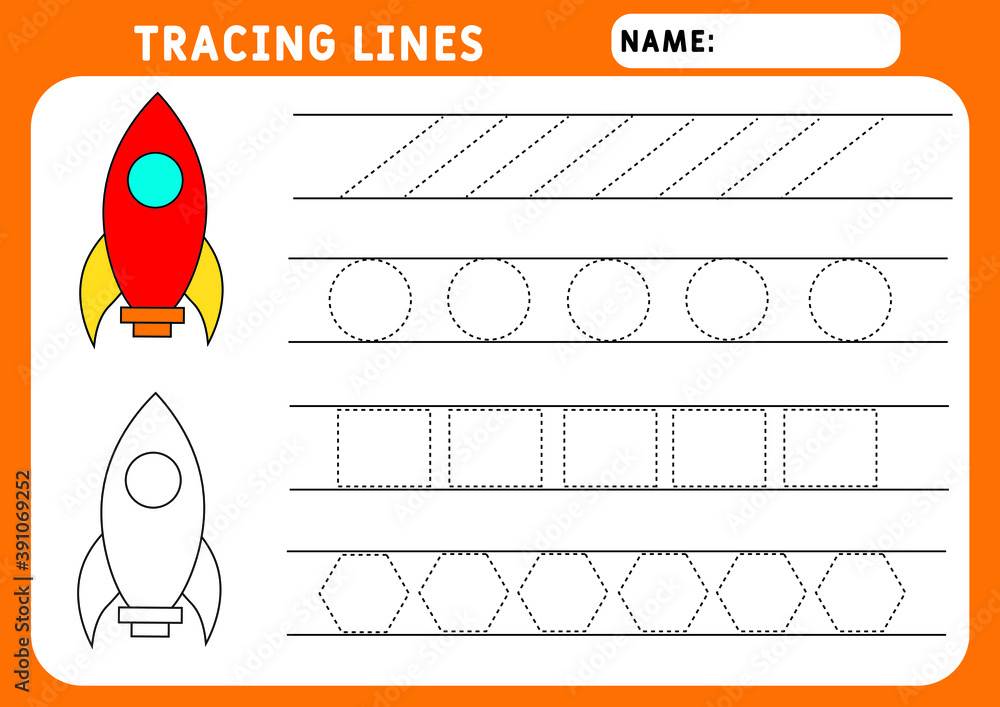 Trace line worksheet for kids. Basic writing. Working pages for children. Funny little rocket ...