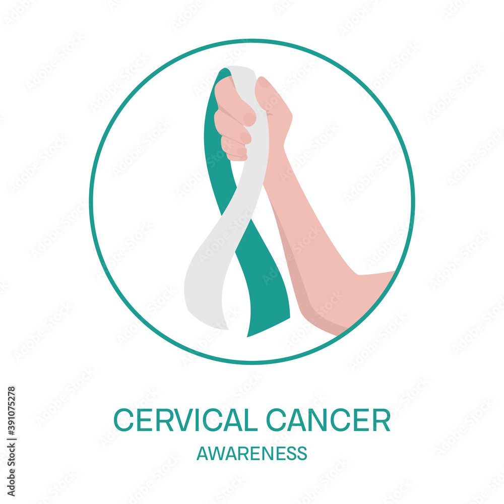 Cervical cancer awareness poster. Teal and white ribbon in a hand on ...