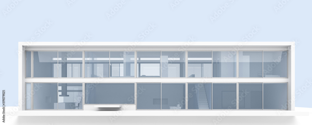 frontal view of a one-storey modern house with panoramic transparent ...