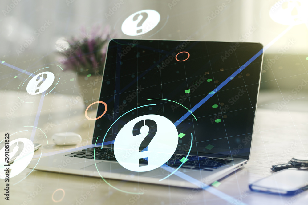 Creative abstract question mark sketch on modern laptop background, FAQ ...