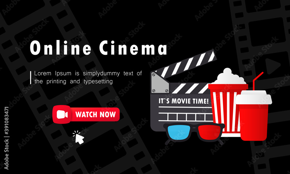 Online cinema banner. Watch now button. Movie watching with popcorn, 3d ...
