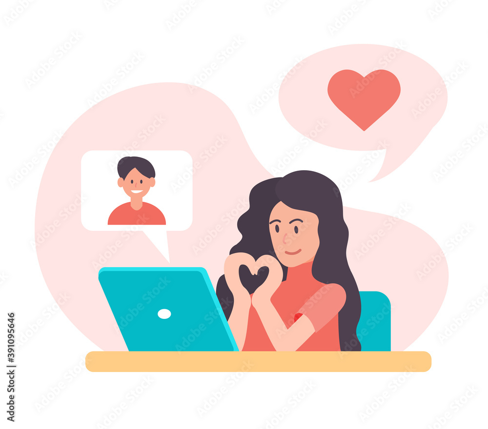 Virtual online date video communication. Girl calls boyfriend, gestures ...