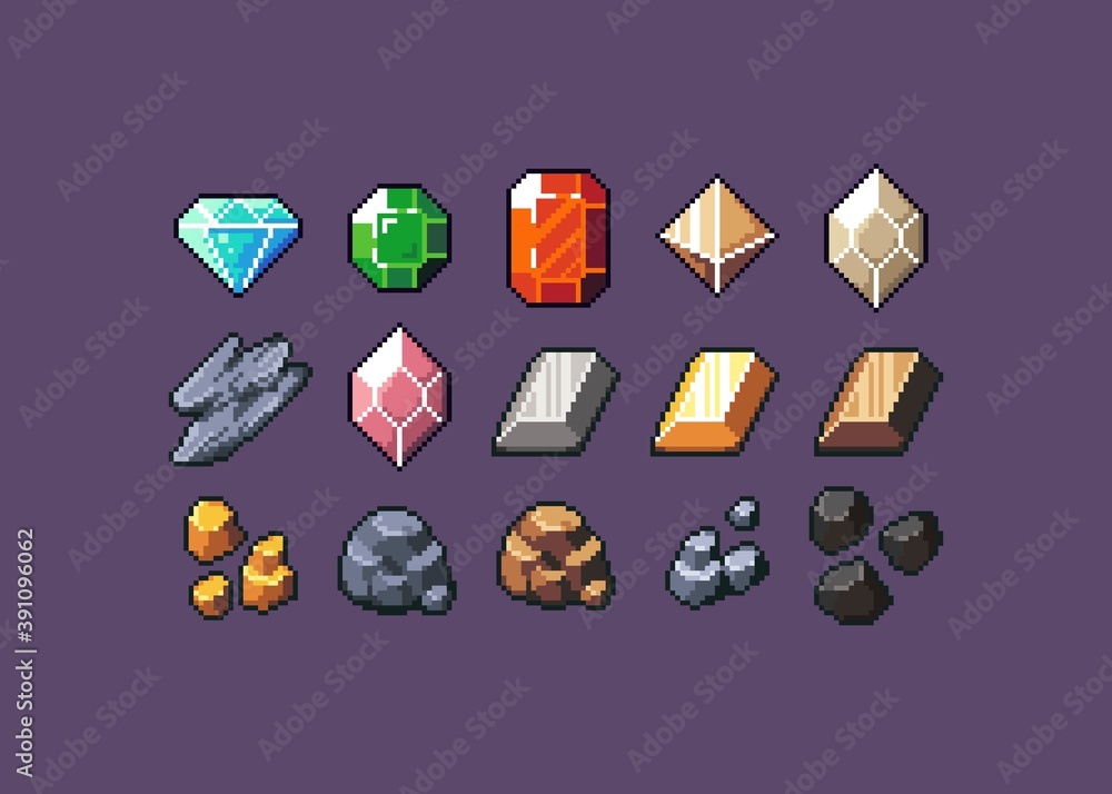 Pixel Art Minerals and Ores Icons containing diamond, crystal, ruby ...