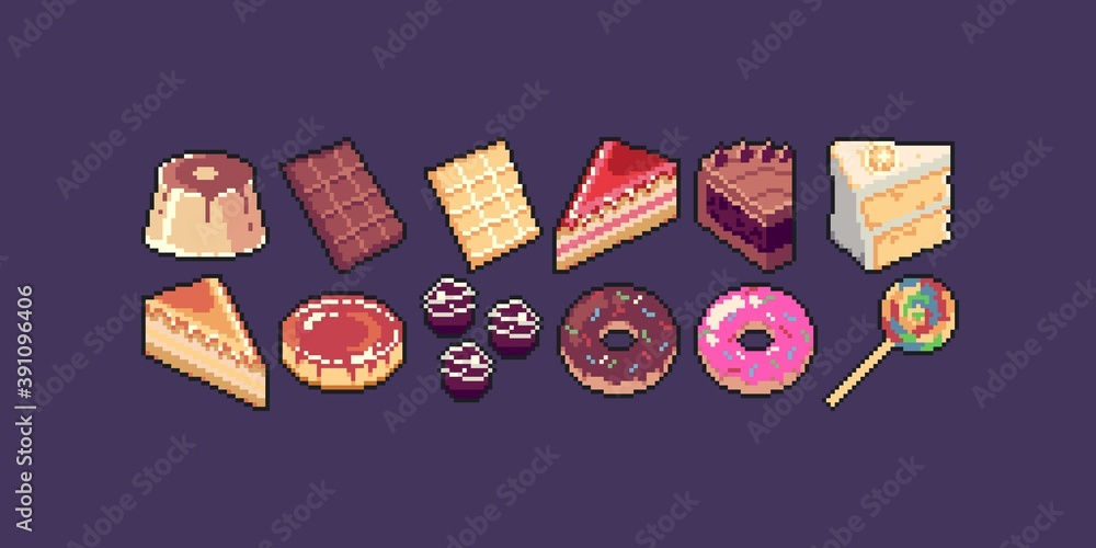 Pixel Art Sweets Icons created in 32x32 containing pudding, cake ...