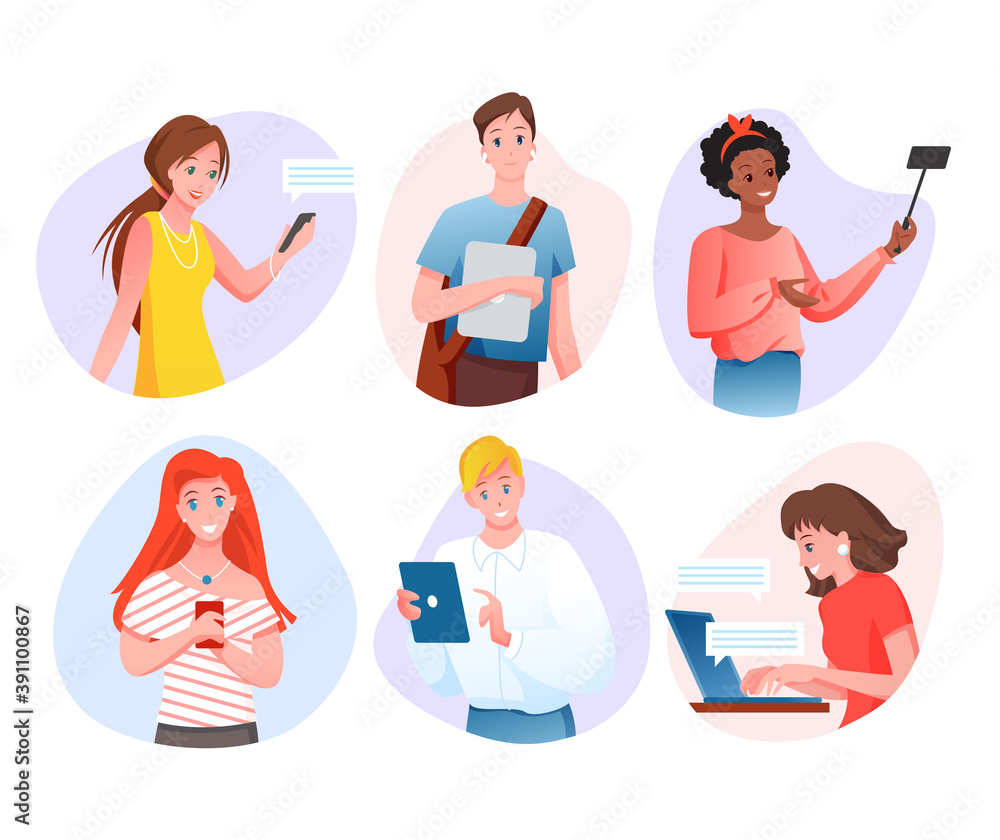 Cartoon flat collection of happy young gadgeteer characters using ...