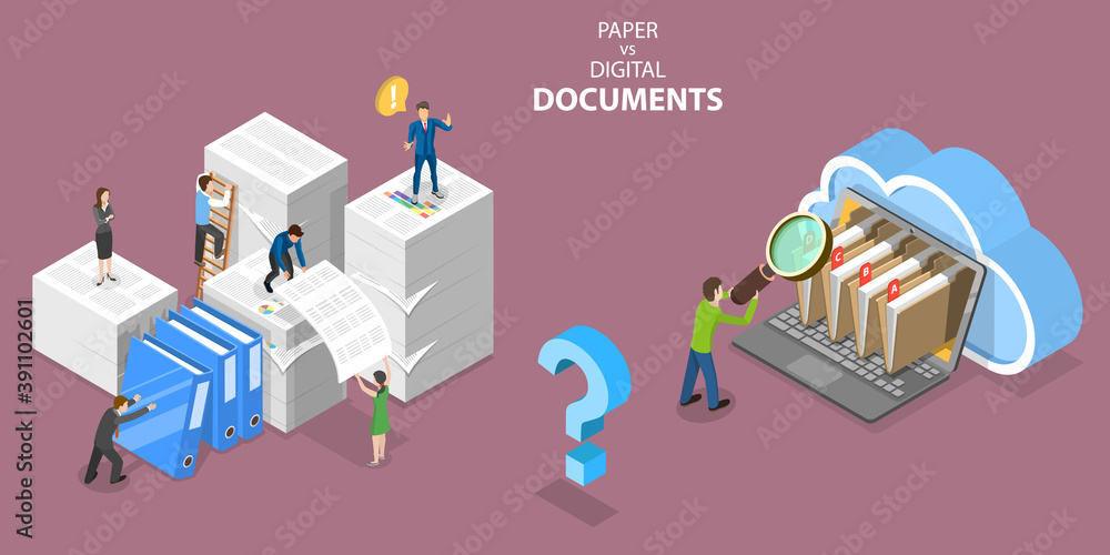 3D Isometric Flat Vector Conceptual Illustration of Paper VS Digital ...