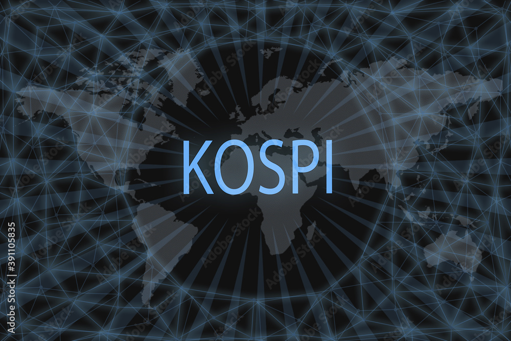 KOSPI Global stock market index. With a dark background and a world map ...