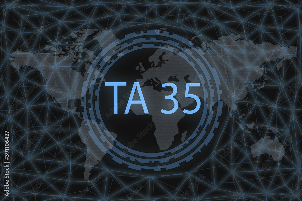 TA 35 Global stock market index. With a dark background and a world map ...