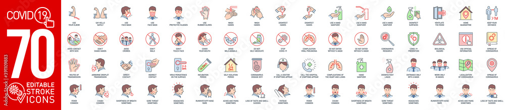 Prevention and symptoms Coronavirus Covid color line icons set isolated ...