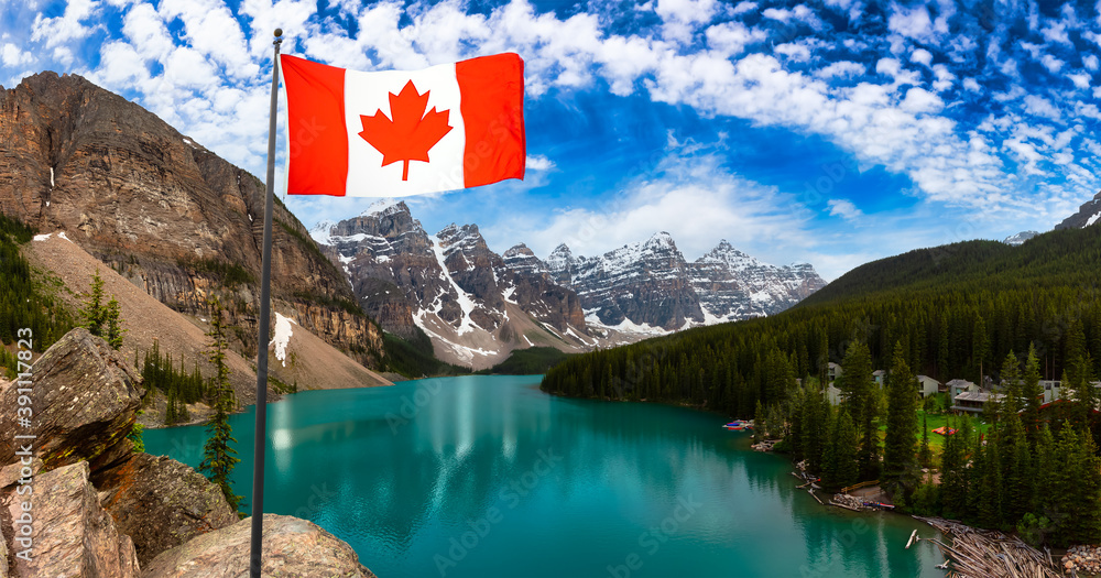 National Canadian Flag Overlay.Beautiful Panoramic view of an Iconic ...