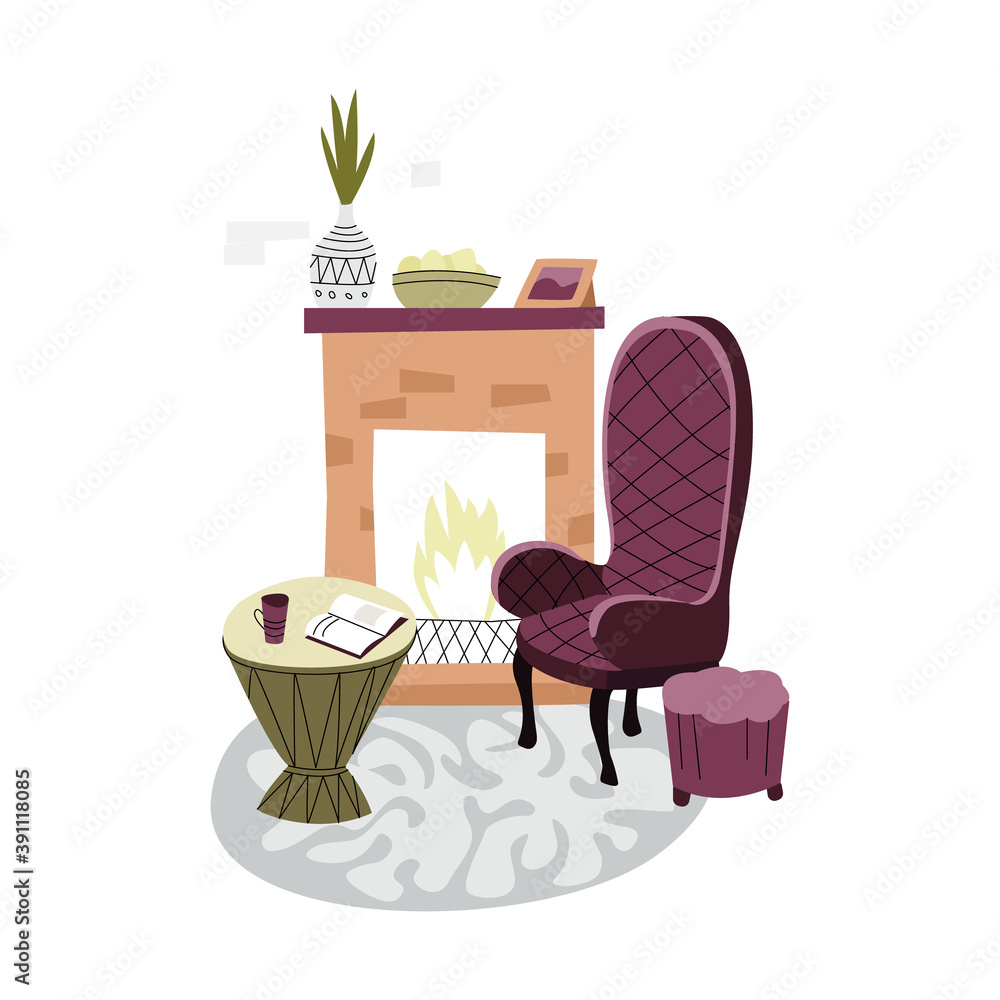 Vector illustration with home furniture. An armchair, coffee table ...
