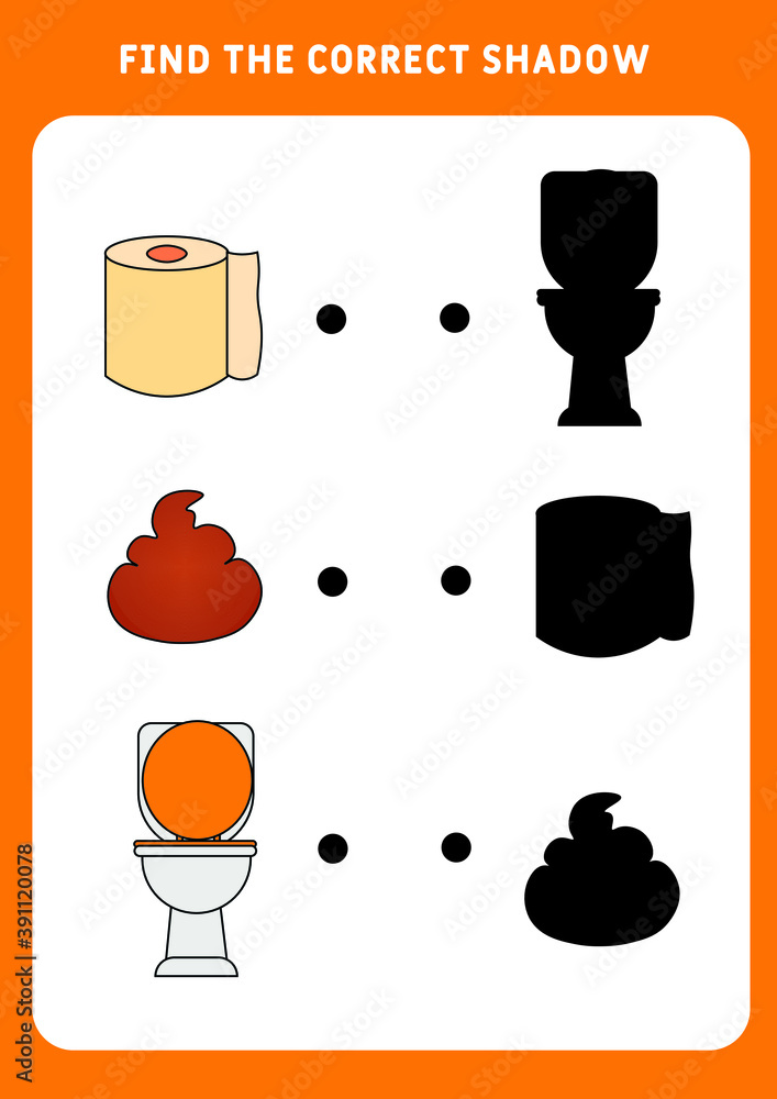 Find the correct shadow. Set -poop,toilet paper and toilet bowl ...
