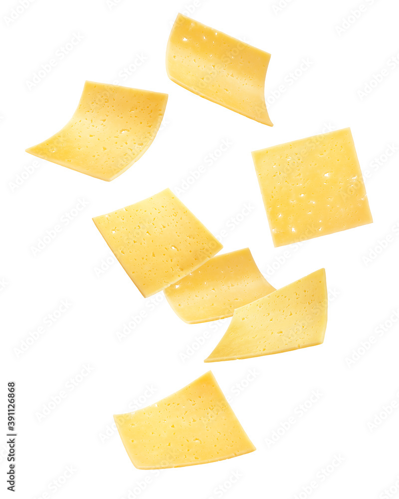 Falling cheese slices, isolated on white background, clipping path ...