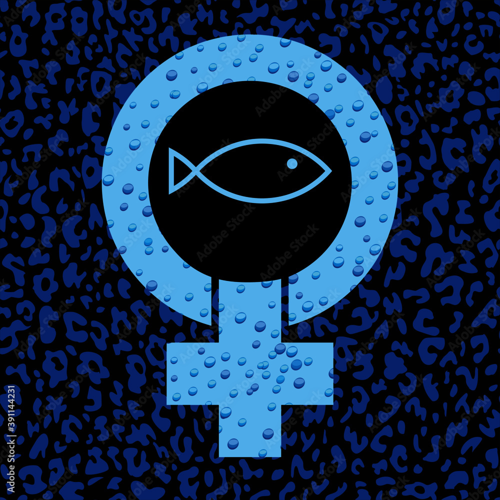 Schematic drawing of a cross, circle and a fish. Symbol of the feminist ...