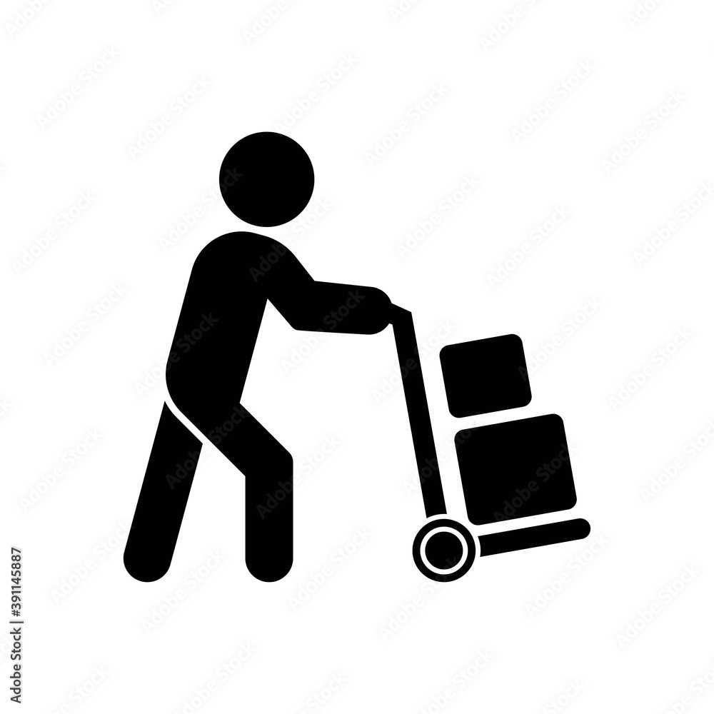 Vector Delivery man pushing hand truck icon, cargo trolley symbol on ...