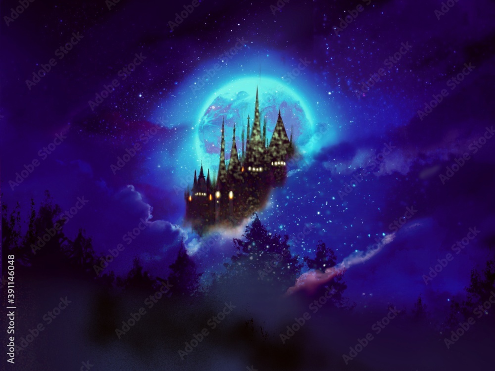 Silhouette of European beautiful castle and blue full moon in starry ...