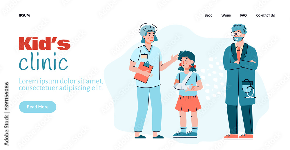 Kids clinic website with pediatrician, nurse and child patient cartoon ...