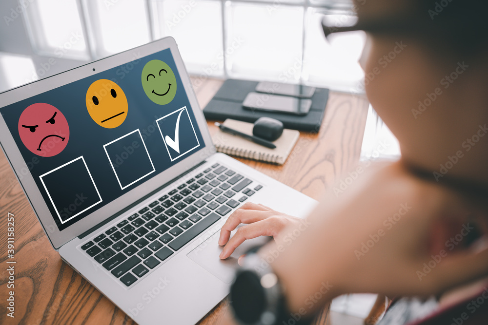 smart woman use laptop choosing green happy smile face icon. feedback ...