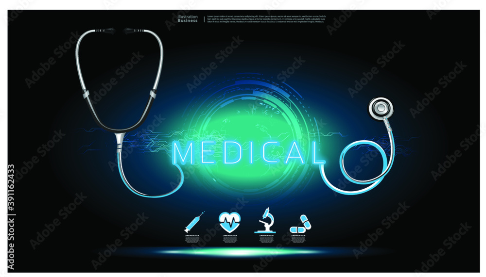 Stethoscope Medical treatment tools and Icons set about medicine - Neon ...