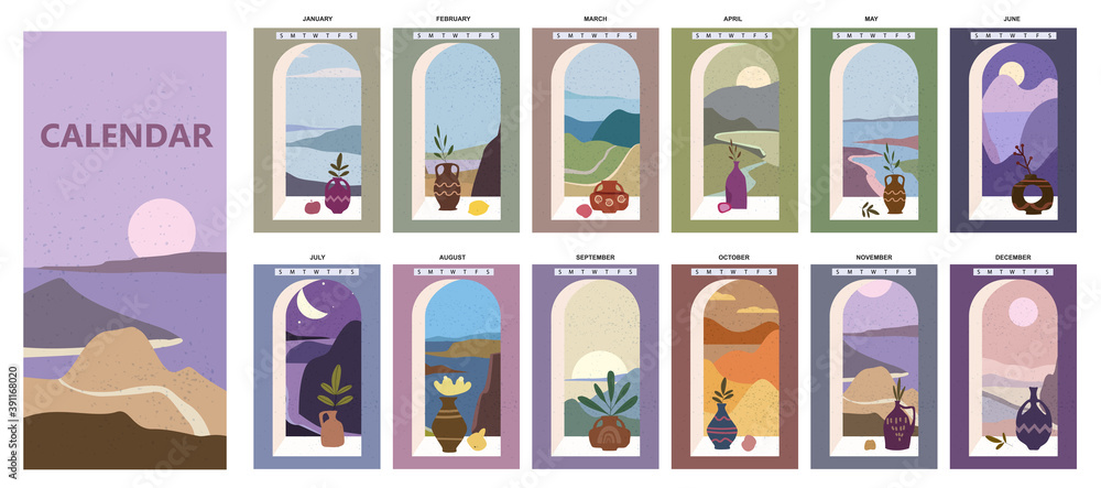 Calendar minimalistic window view landscape natural backgrounds of four ...
