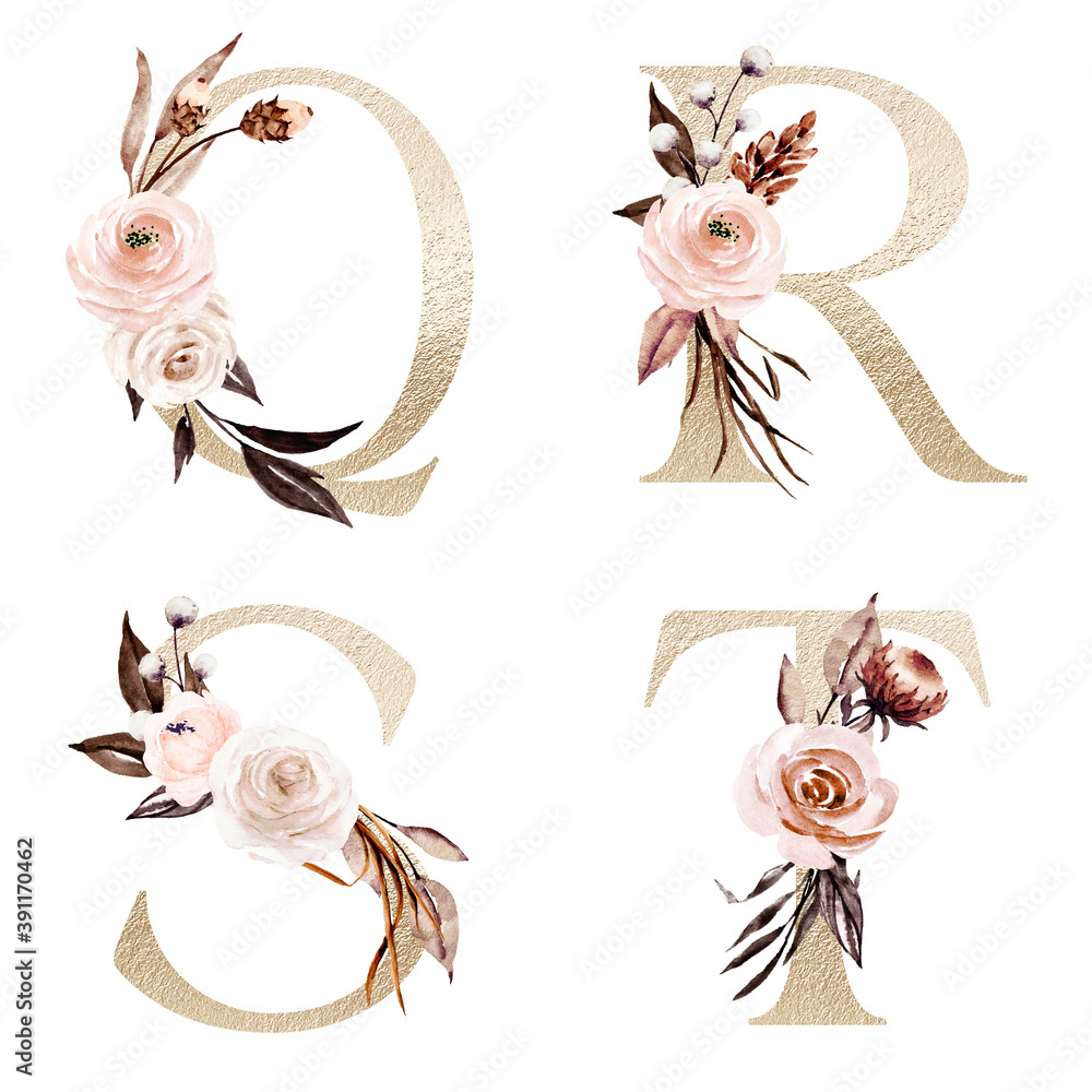 Letters set, gold floral alphabet with watercolor flowers peach roses ...